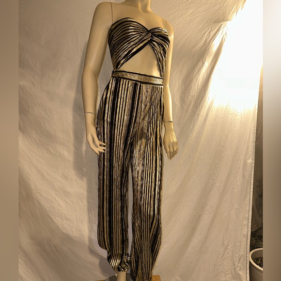 Pants & Jumpsuits | Gold Exposed Midriff Romper With Side Leg Slit ...